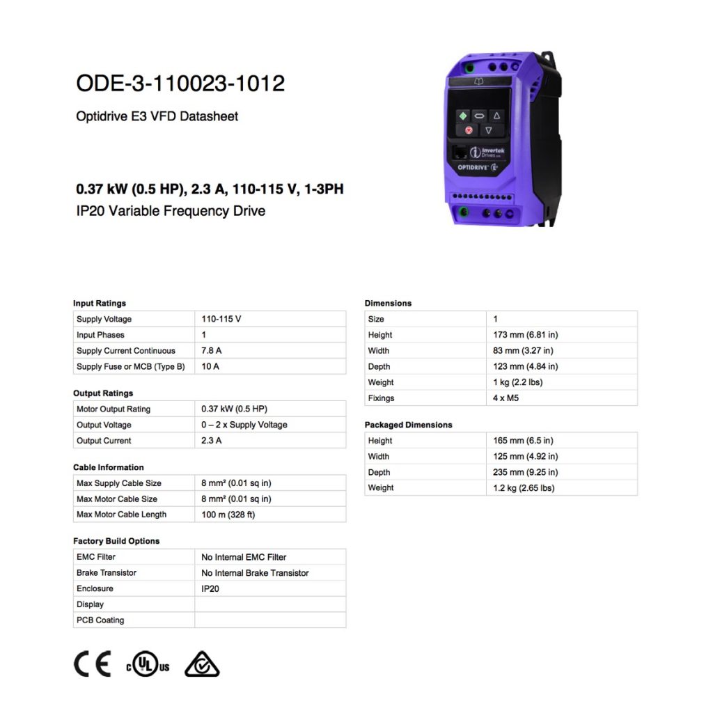 ODE-3-110023-1012 - 0.5HP, 2.3A, 110V-115V, Single Phase – Variable ...